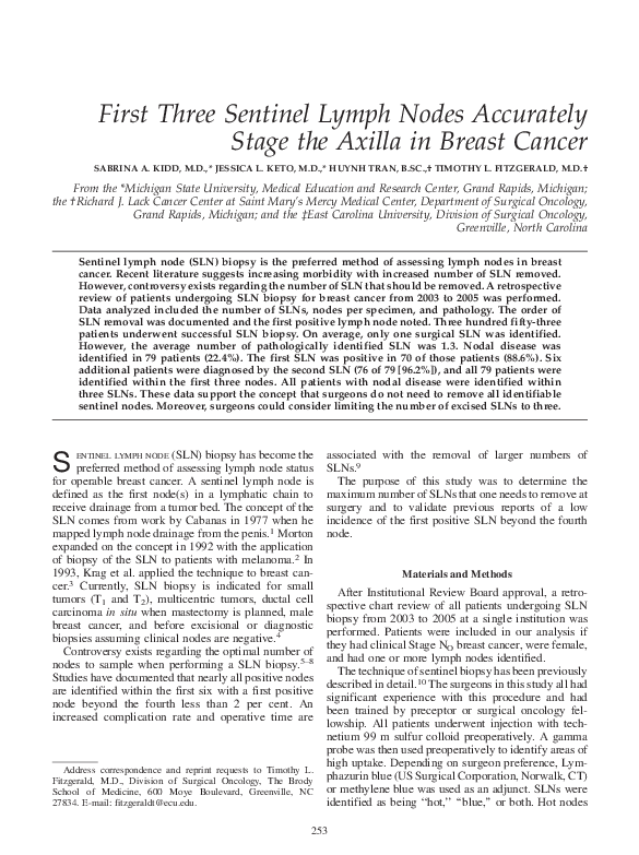 (PDF) First Three Sentinel Lymph Nodes Accurately Stage the Axilla in Breast Cancer | huynh tran ...