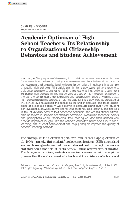 (PDF) Academic Optimism of High School Teachers: Its Relationship to ...