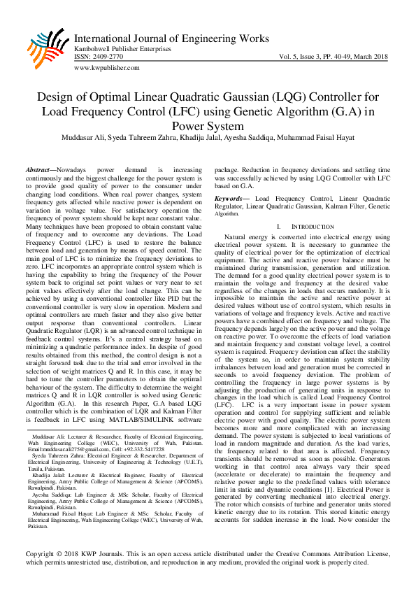 (PDF) Design of Optimal Linear Quadratic Gaussian (LQG) Controller for ...