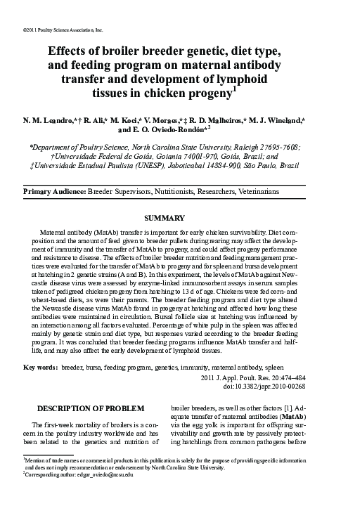 (PDF) Effects of broiler breeder genetic, diet type, and feeding program on maternal antibody ...