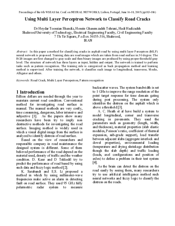 Using multi layer perceptron network to classify road cracks