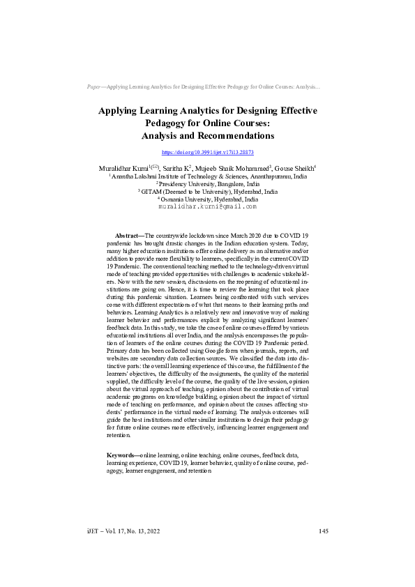 (PDF) Applying Learning Analytics for Designing Effective Pedagogy for Online Courses: Analysis ...