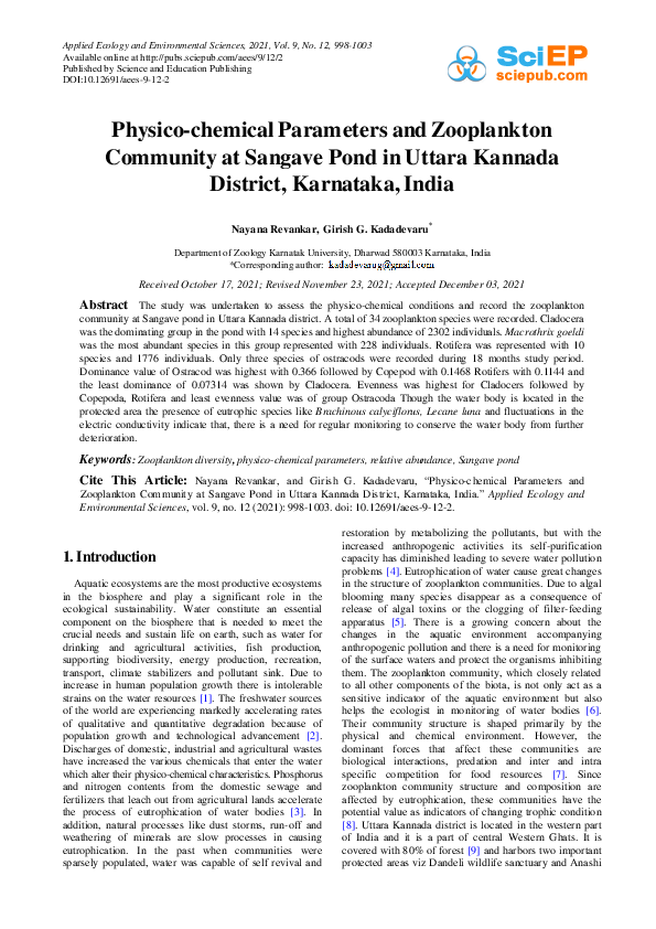 (PDF) Physico-chemical Parameters and Zooplankton Community at Sangave ...