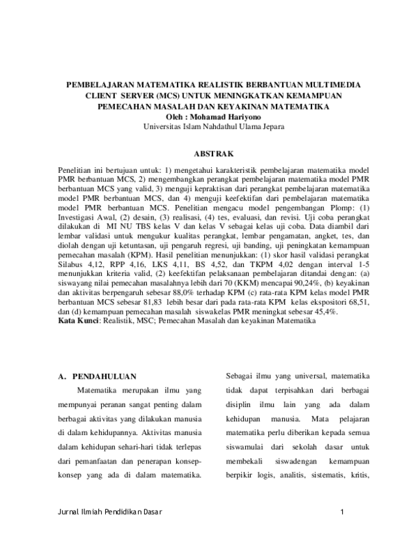 (PDF) Pembelajaran Matematika Realistik Berbantuan Multimedia Client Server (MCS) Untuk ...