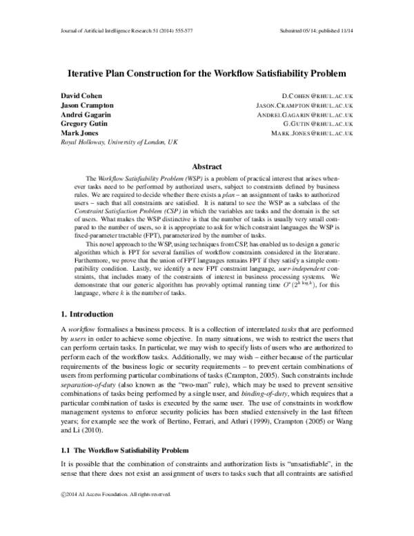 (PDF) Iterative Plan Construction for the Workflow Satisfiability Problem