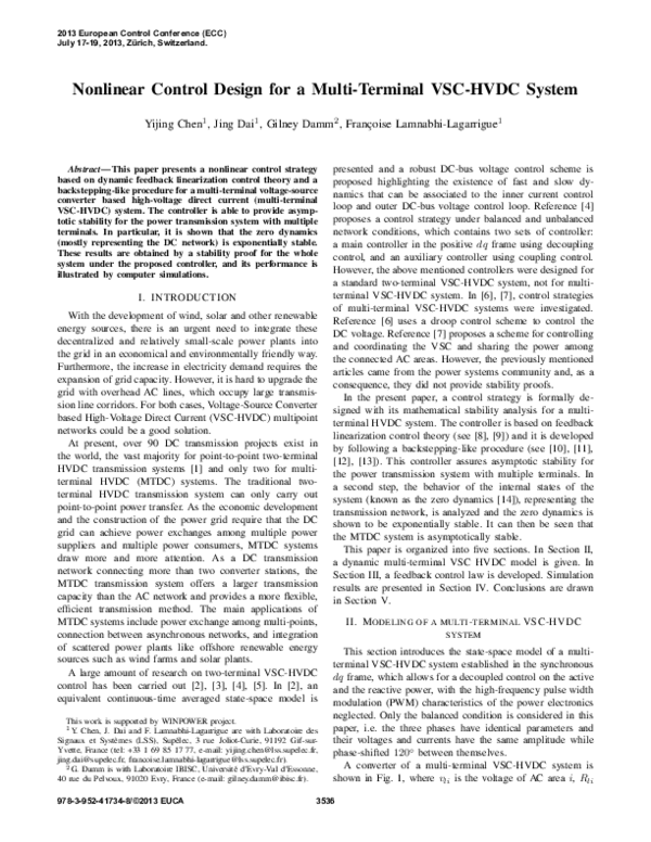 (PDF) Nonlinear control design for a multi-terminal VSC-HVDC system