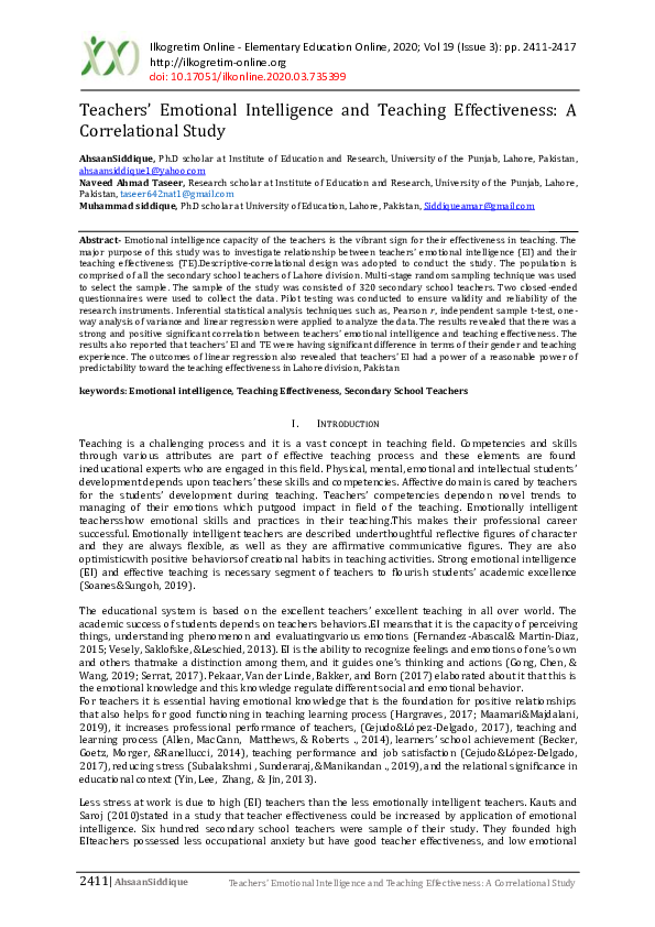 (PDF) Teachers' Emotional Intelligence and Teaching Effectiveness: A ...