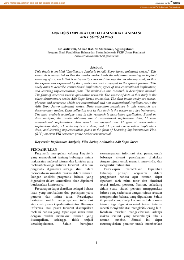 (PDF) Analisis Implikatur Dalam Serial Animasi Adit Sopo Jarwo