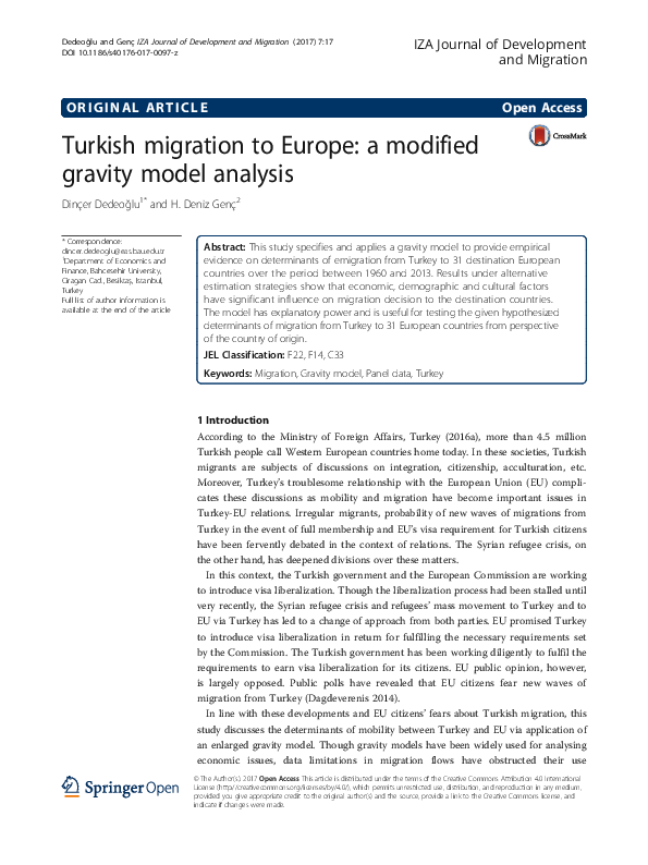 (PDF) Turkish migration to Europe: a modified gravity model analysis