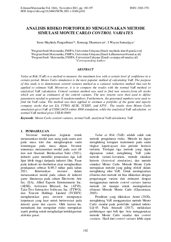 Pdf Analisis Risiko Portofolio Menggunakan Metode Simulasi Monte Carlo Control Variates