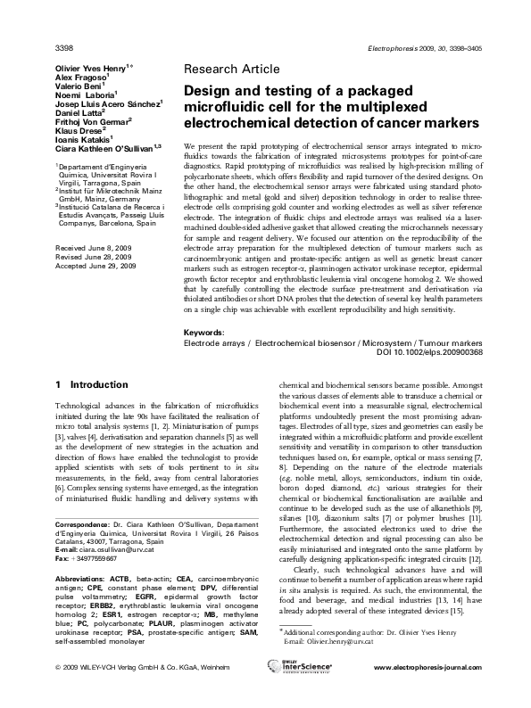 Pdf Design And Testing Of A Packaged Microfluidic Cell For The Multiplexed Electrochemical