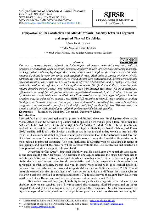 (PDF) Comparison of Life Satisfaction and Attitude towards Disability ...