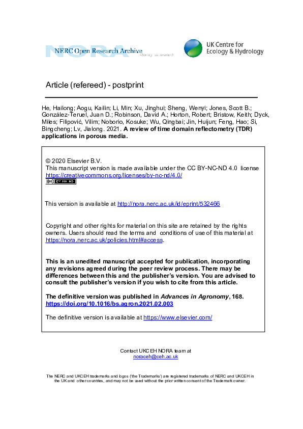 Pdf A Review Of Time Domain Reflectometry Tdr Applications In Porous Media