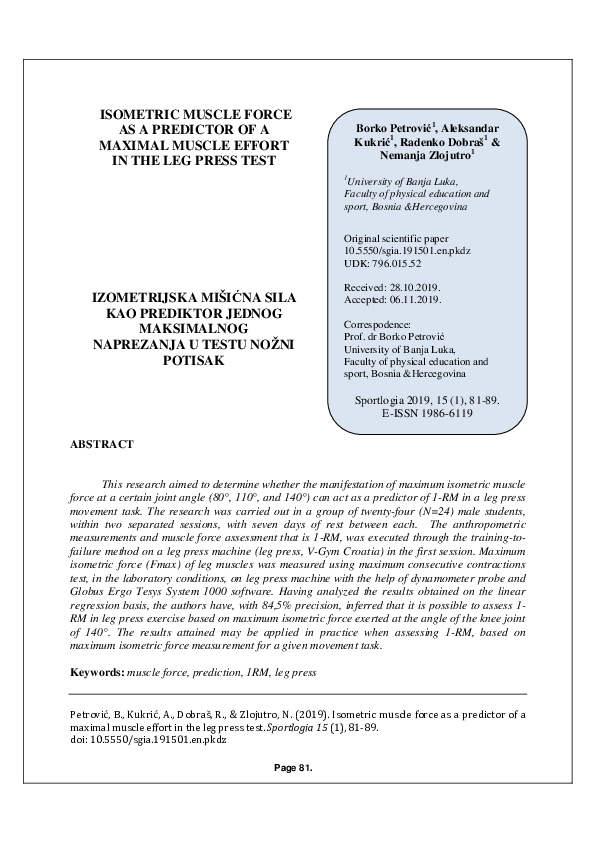 (PDF) Isometric Muscle Force as a Predictor of a Maximal Muscle Effort ...