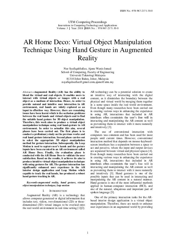 (PDF) Ar home deco: virtual object manipulation technique using hand gesture in augmented reality