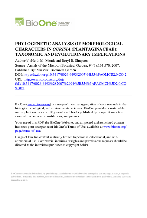 (PDF) Phylogenetic Analysis of Morphological Characters in Ourisia (Plantaginaceae): Taxonomic ...