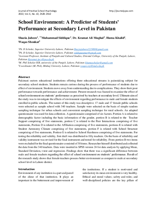 (PDF) School Environment: A Predictor of Students' Performance at Secondary Level in Pakistan