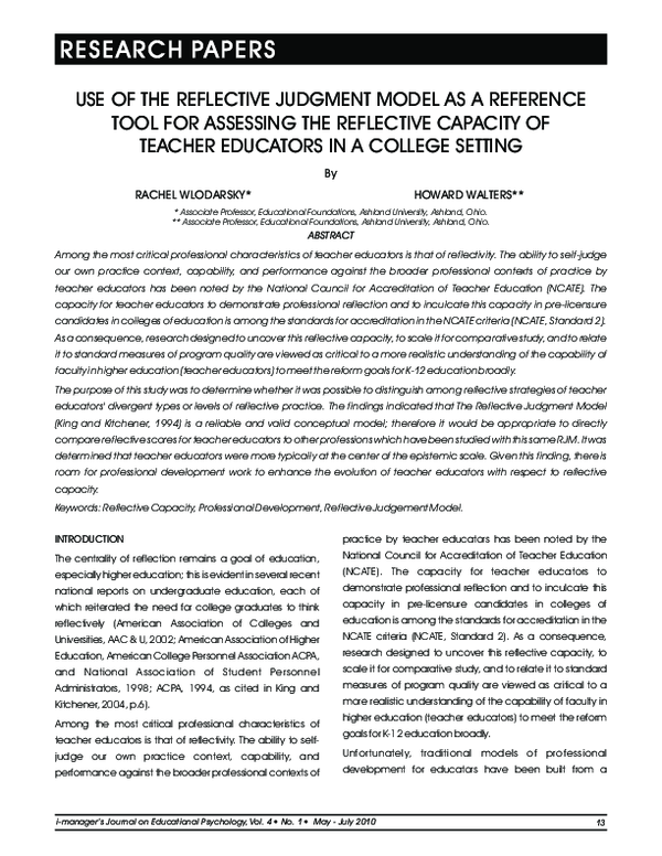 (PDF) Use of the Reflective Judgment Model as a Reference Tool for ...