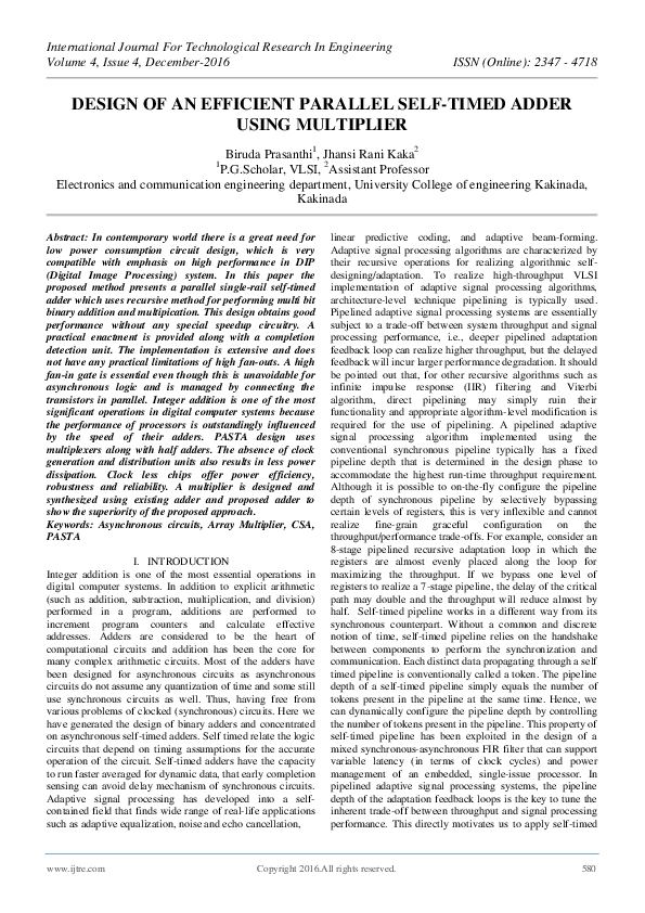 (PDF) Design of an Efficient Parallel Self-Timed Adder Using Multiplier
