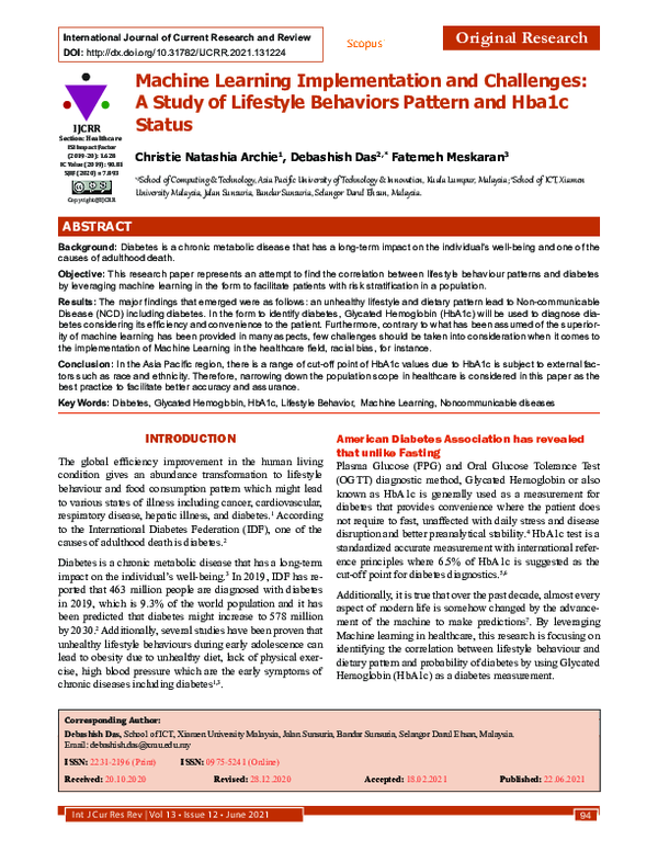 (PDF) Machine Learning Implementation and Challenges: A Study of Lifestyle Behaviors Pattern and ...