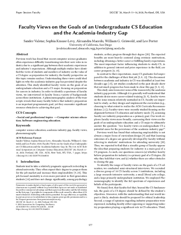 (PDF) Faculty Views on the Goals of an Undergraduate CS Education and ...