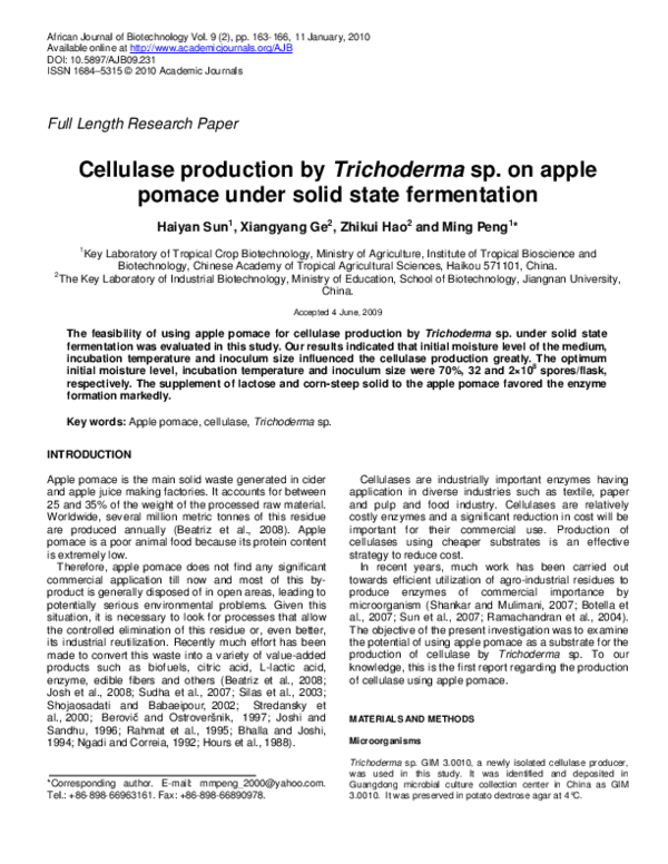 (PDF) Cellulase production by Trichoderma sp. on apple pomace under solid state fermentation ...