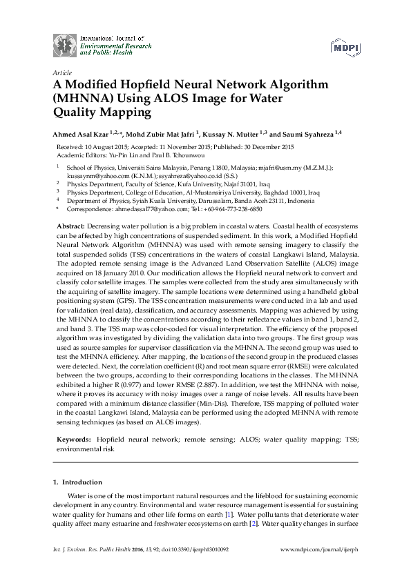 Pdf Article A Modified Hopfield Neural Network Algorithm Mhnna Using Alos Image For Water