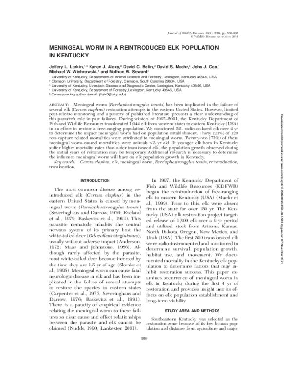 (PDF) Meningeal Worm in a Reintroduced Elk Population in Kentucky