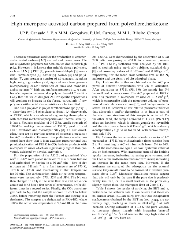 (PDF) High micropore activated carbon prepared from polyetheretherketone
