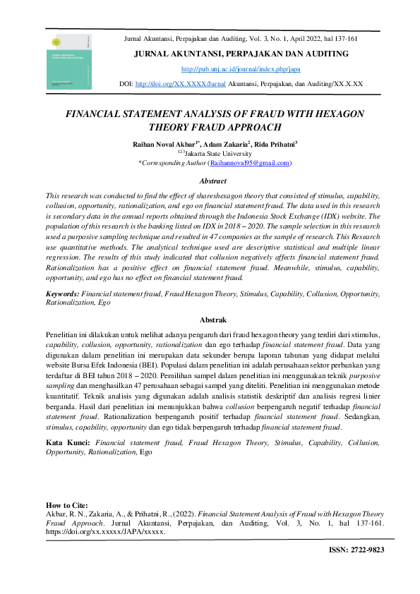 Pdf Financial Statement Analysis Of Fraud With Hexagon Theory Fraud Approach