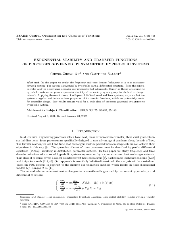 (PDF) Exponential Stability and Transfer Functions of Processes Governed by Symmetric Hyperbolic ...