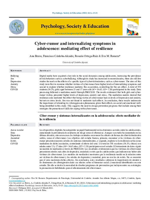 (PDF) Cyber-rumor and internalizing symptoms in adolescence: mediating ...
