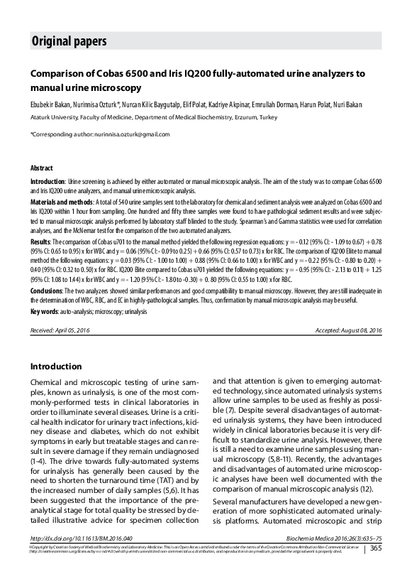 (PDF) Comparison of Cobas 6500 and Iris IQ200 fully-automated urine ...