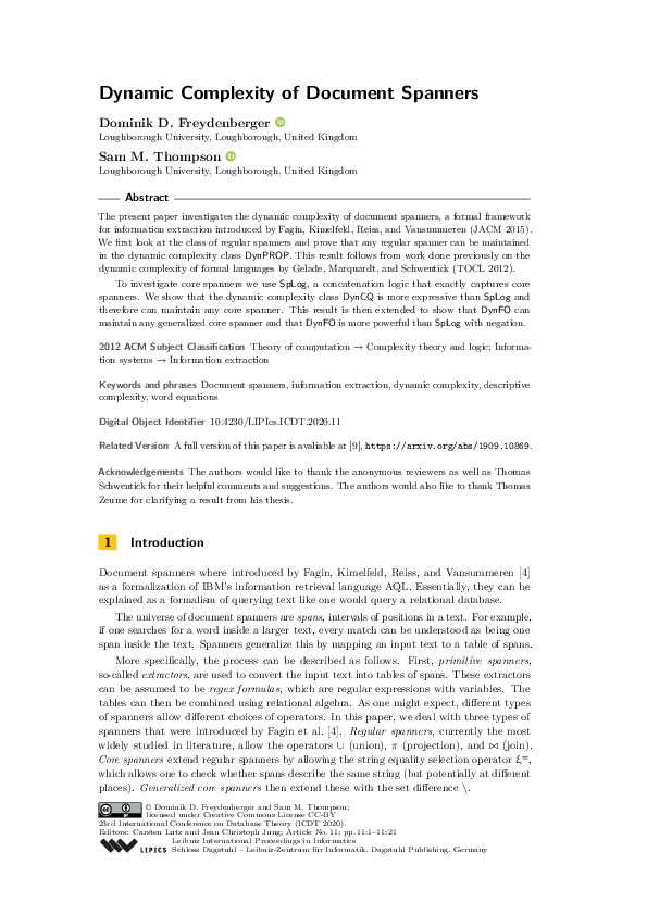 (PDF) Dynamic Complexity of Document Spanners
