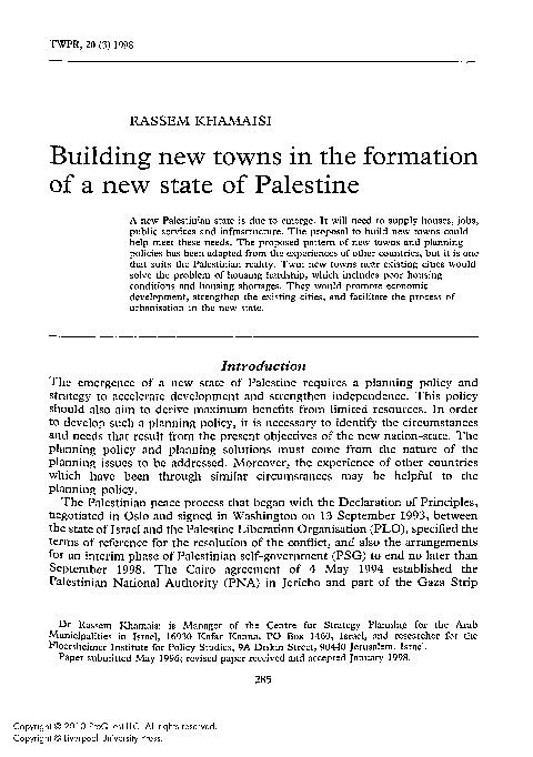 (PDF) Building new towns in the formation of a new state of Palestine