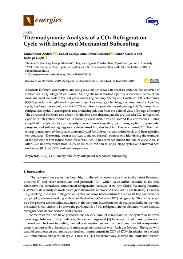 (PDF) Thermodynamic Analysis of a CO2 Refrigeration Cycle with Integrated Mechanical Subcooling