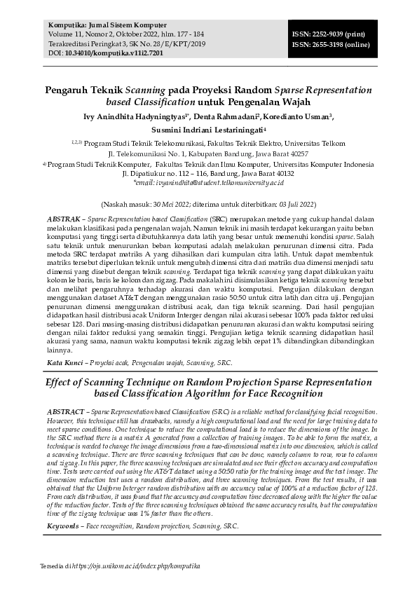Pdf Proyeksi Acak Dan Teknik Scanning Pada Algoritma Sparse Representation Based