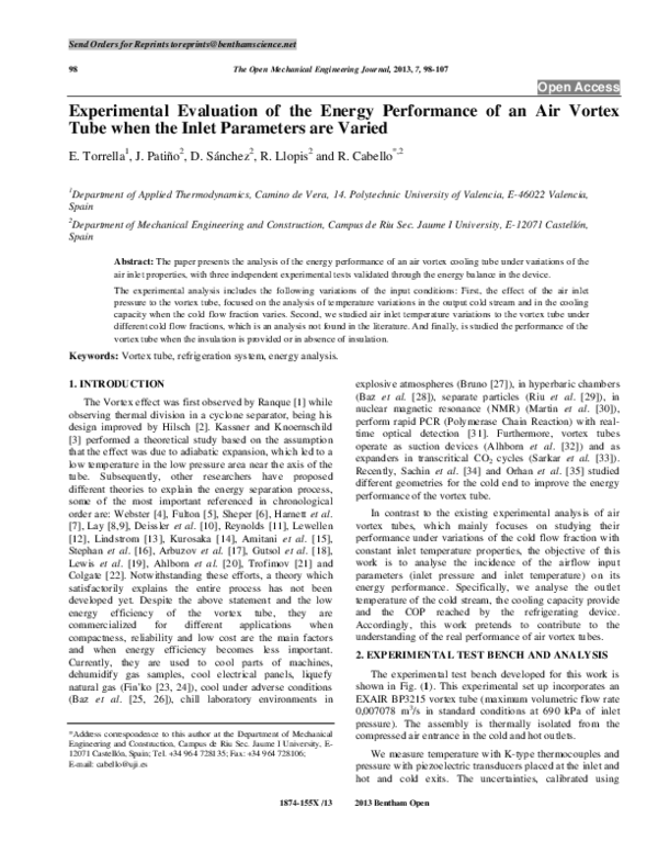 (PDF) Experimental Evaluation of the Energy Performance of an Air Vortex Tube when the Inlet ...
