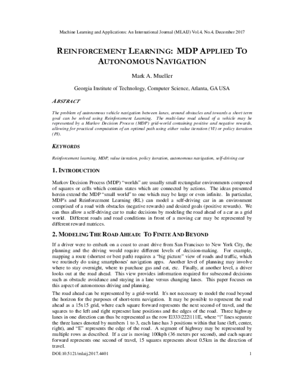 (PDF) Reinforcement Learning : MDP Applied to Autonomous Navigation