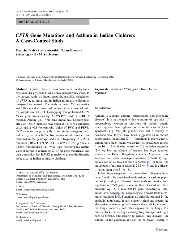 (PDF) CFTR Gene Mutations and Asthma in Indian Children: A Case–Control ...