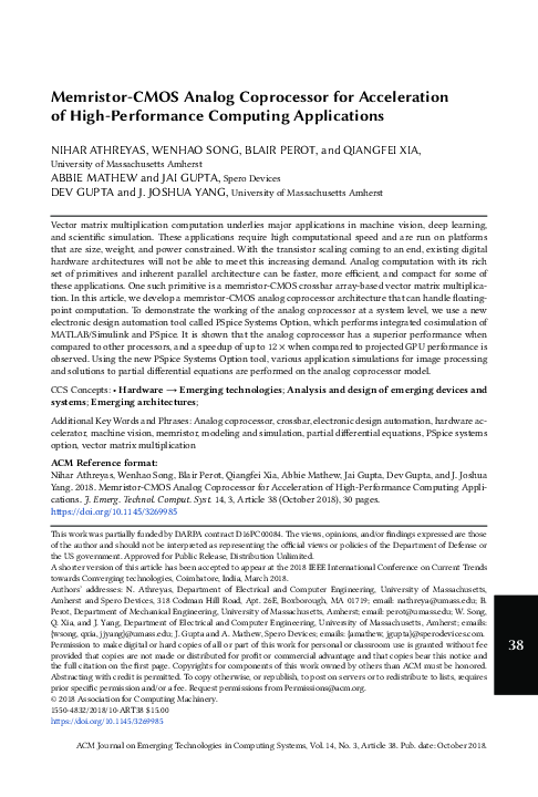 (PDF) Memristor-CMOS Analog Coprocessor for Acceleration of High-Performance Computing Applications