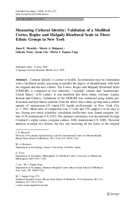 (PDF) Measuring Cultural Identity: Validation of a Modified Cortes ...