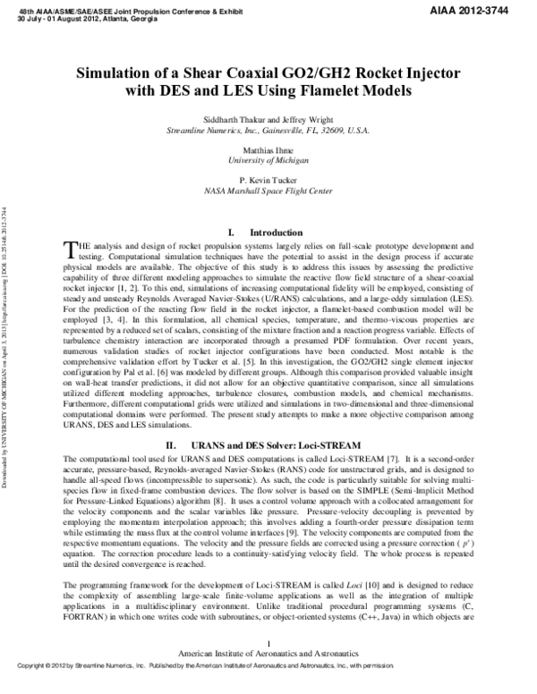 (PDF) Simulation of a Shear Coaxial GO2/GH2 Rocket Injector with DES and LES Using Flamelet Models