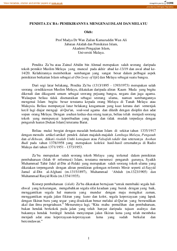 (PDF) Pendita Za'ba: pemikirannya mengenai Islam dan Melayu