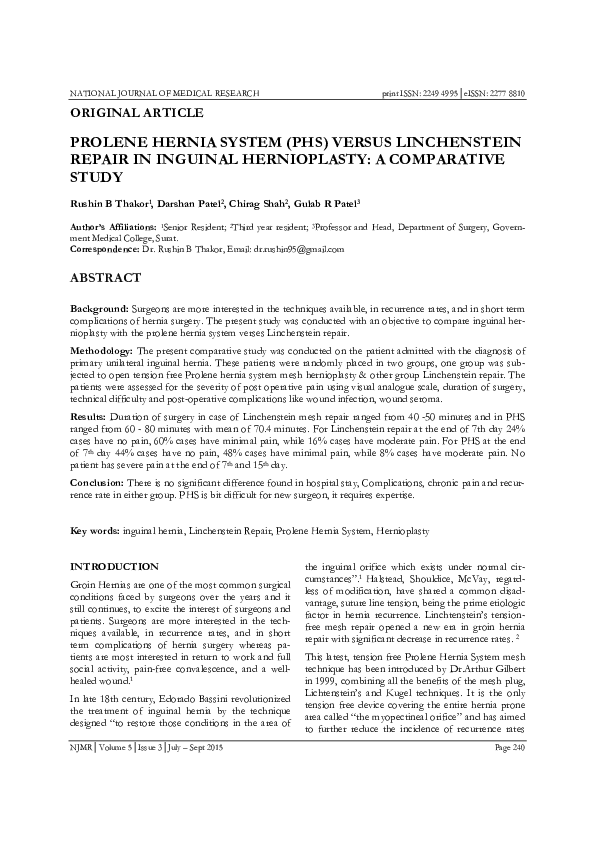 (PDF) Prolene Hernia System (PHS) Versus Linchenstein Repair in Inguinal Hernioplasty: A ...