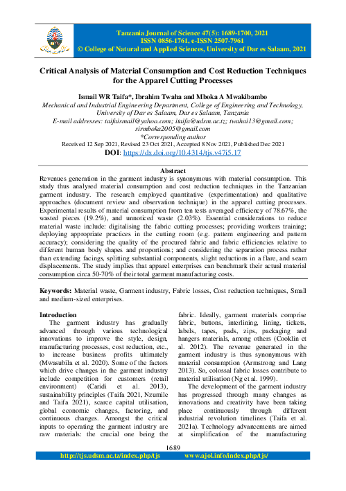 (PDF) Critical Analysis of Material Consumption and Cost Reduction ...