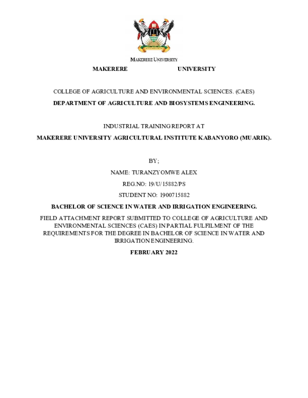 (DOC) INDUSTRIAL TRAINING REPORT AT MAKERERE UNIVERSITY AGRICULTURAL ...