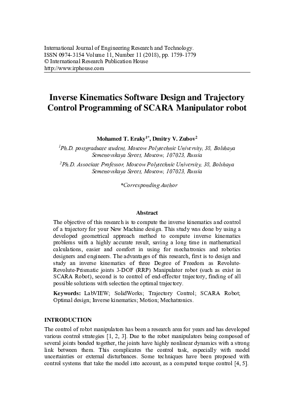 Pdf Inverse Kinematics Software Design And Trajectory Control Programming Of Scara Manipulator