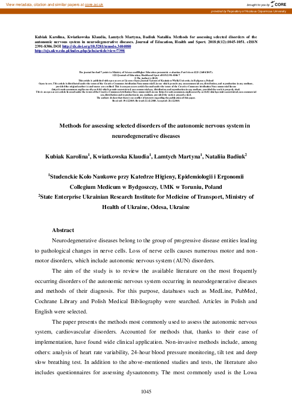 Pdf Methods For Assessing Selected Disorders Of The Autonomic Nervous System In