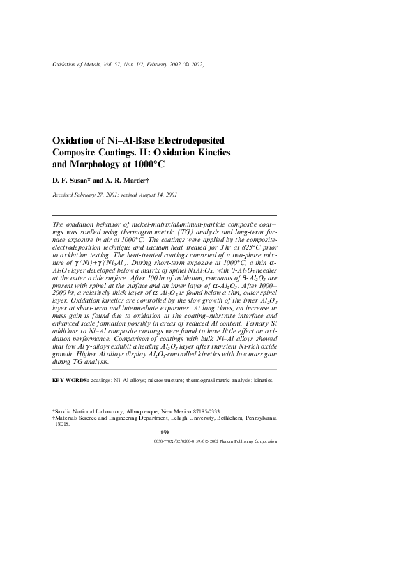 (PDF) Oxidation of Ni–Al-Base Electrodeposited Composite Coatings. II ...